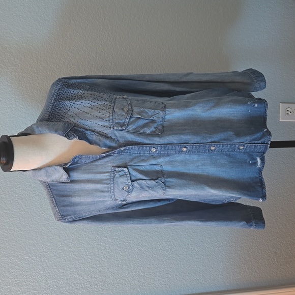 cloth & stone | Tops | Cloth Stone Denim Distressed Contrast Stitching ...